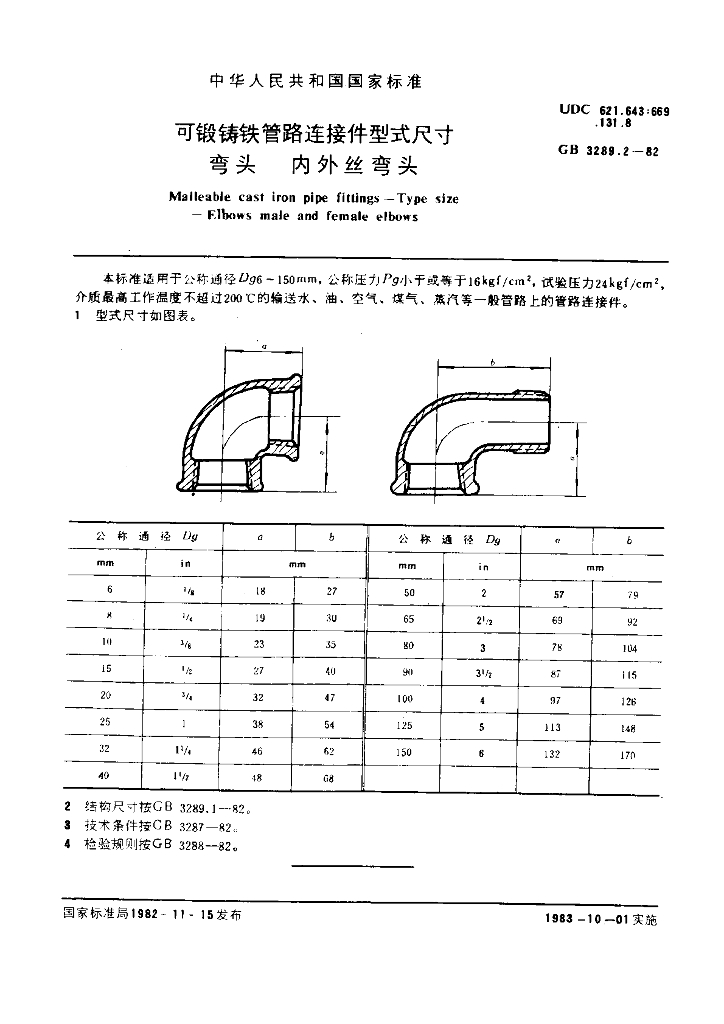 GB 3289-1982 (系列)可锻铸铁管路连接件型式尺寸_国家标准 - 电子标准网